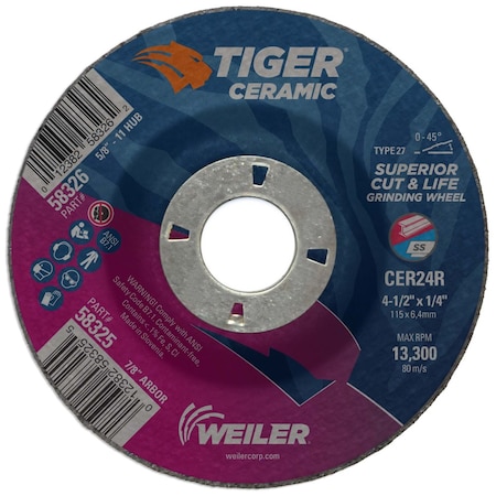 Weiler 4-1/2 in Dia, 1/4 in Thick, 7/8 in Arbor Hole Size, Ceramic 58325 | Zoro